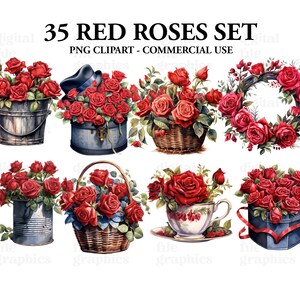 Red Roses Flower Watercolor Clipart, Roses Clipart, Watercolor Bundle ...