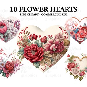 Heart Flower Valentines Day Watercolor Clipart Bundle PNG, Floral Heart ...