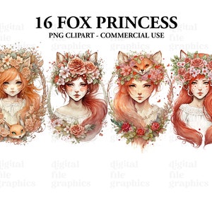 FOX Princesses Watercolor Clipart, Princess Clipart PNG, Portrait Girl ...