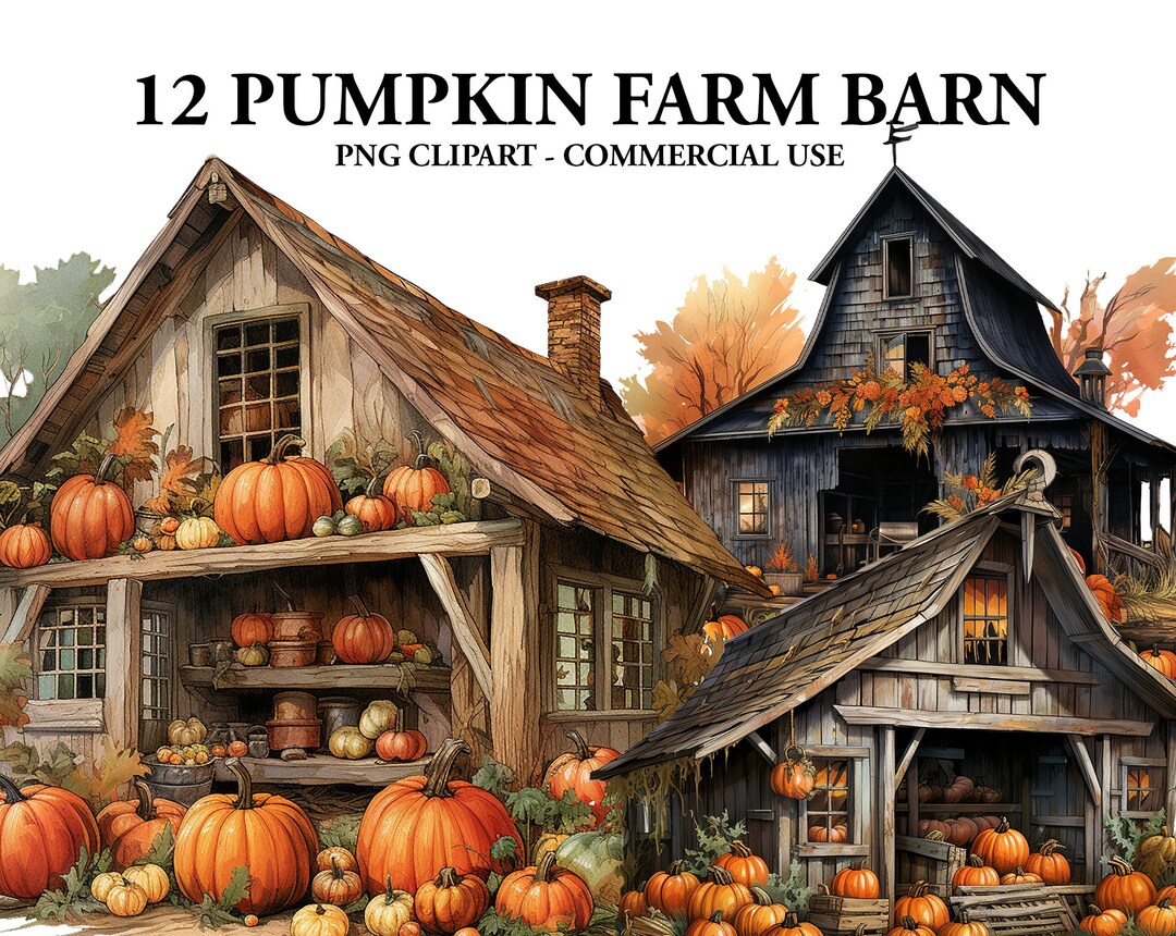 Autumn Pumpkin Farmers Barn Watercolor Clipart, Fall Orange Autumn ...