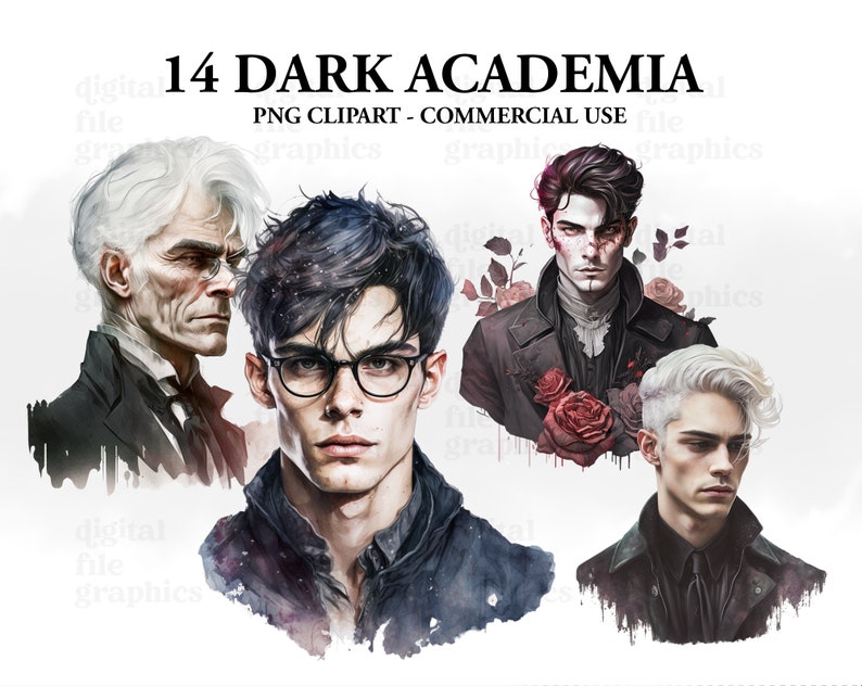 Dark Academia Inspired Character Watercolor Clipart Gothic - Etsy