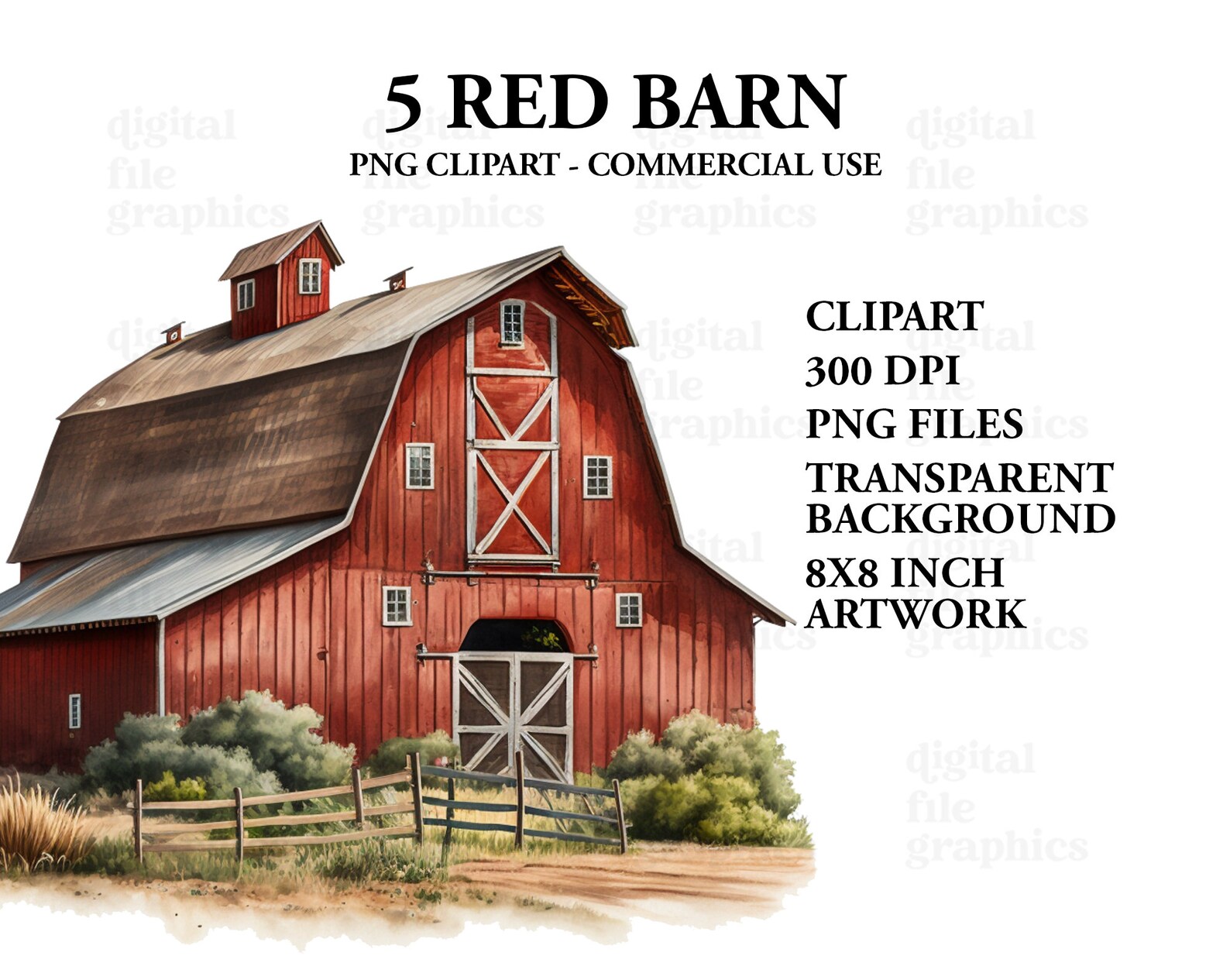 Red Farm Barn Watercolor Clipart Farmhouse Clipart Barn - Etsy