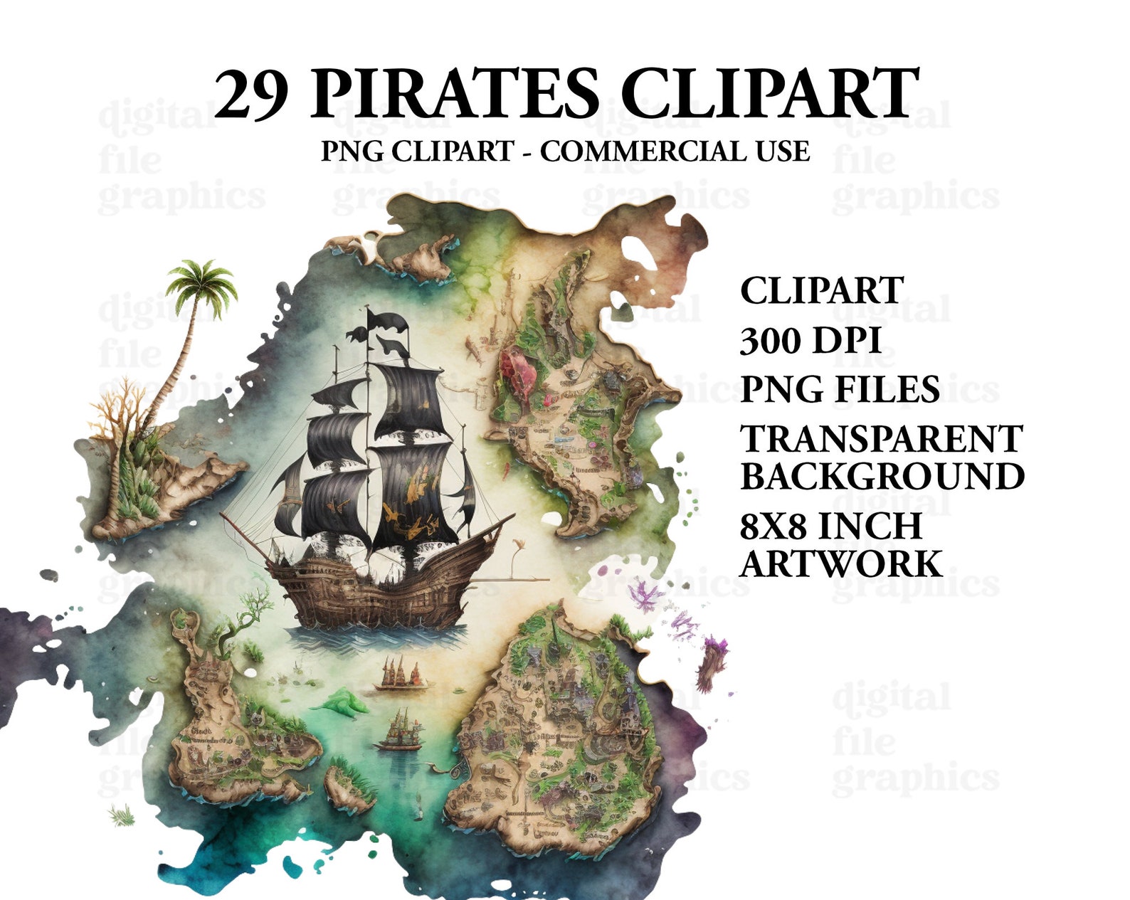 Pirate Watercolor Clipart, Pirate Skull Black Style, Magical Clipart ...