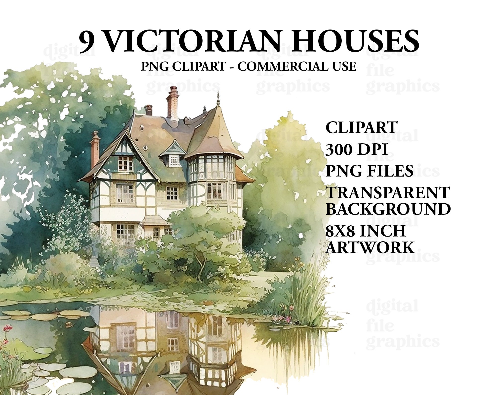 Victorian House Watercolor Clipart House Pond Clipart - Etsy UK