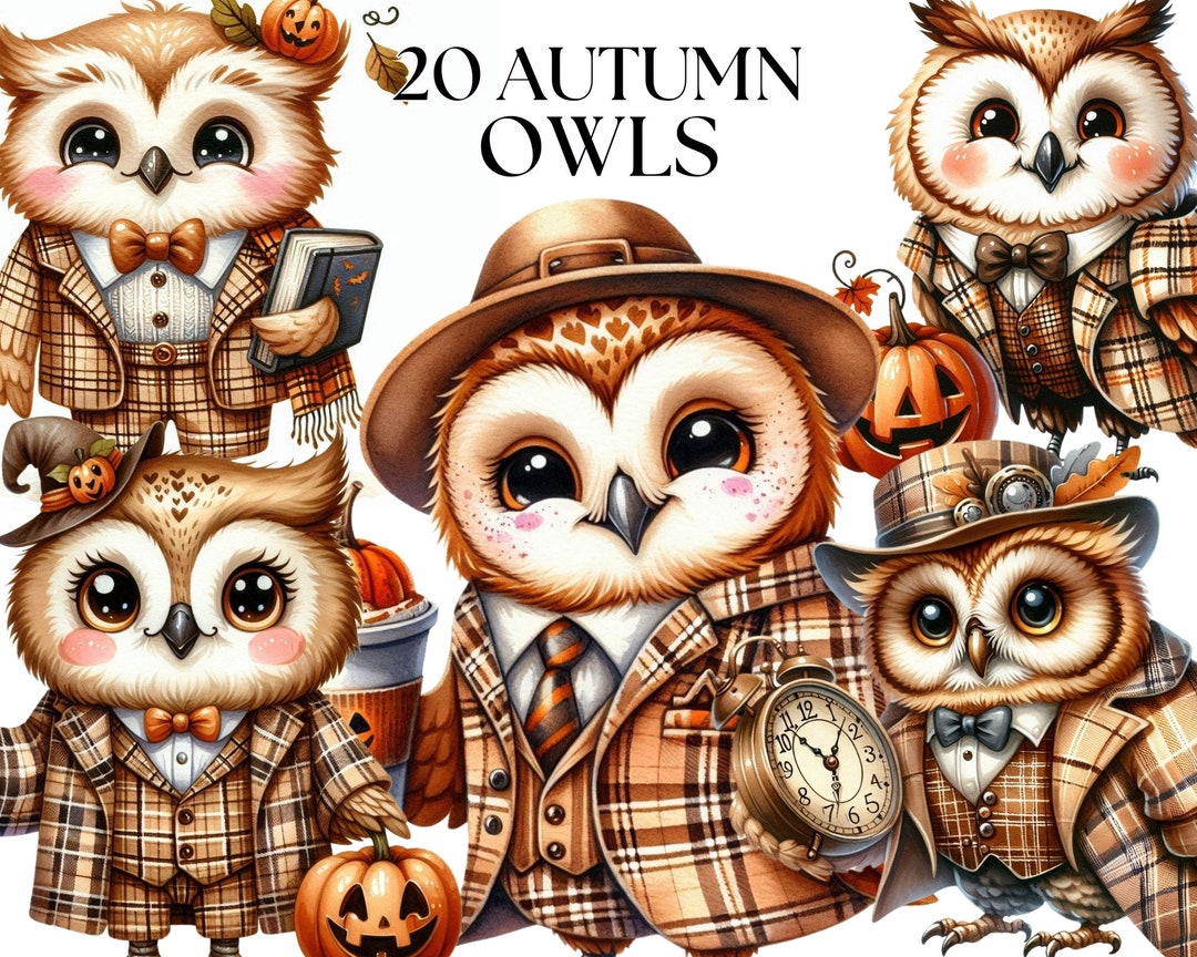 Autumn Owl Watercolor Clipart, Pumpkin Owl Clipart PNG, Fantasy Clipart ...