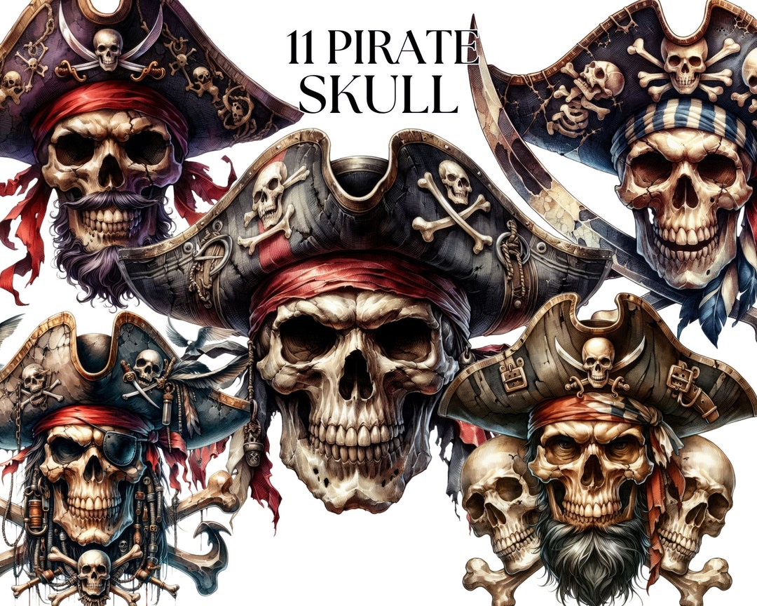Pirate Watercolor Clipart, Pirate Skull Black Style, Magical Clipart ...