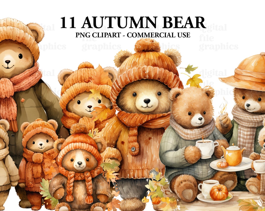 Autumn Cute Bear Watercolor Clipart, Fall Animal Clipart PNG, Kids ...