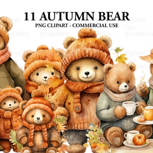 Autumn Cute Bear Watercolor Clipart, Fall Animal Clipart PNG, Kids ...