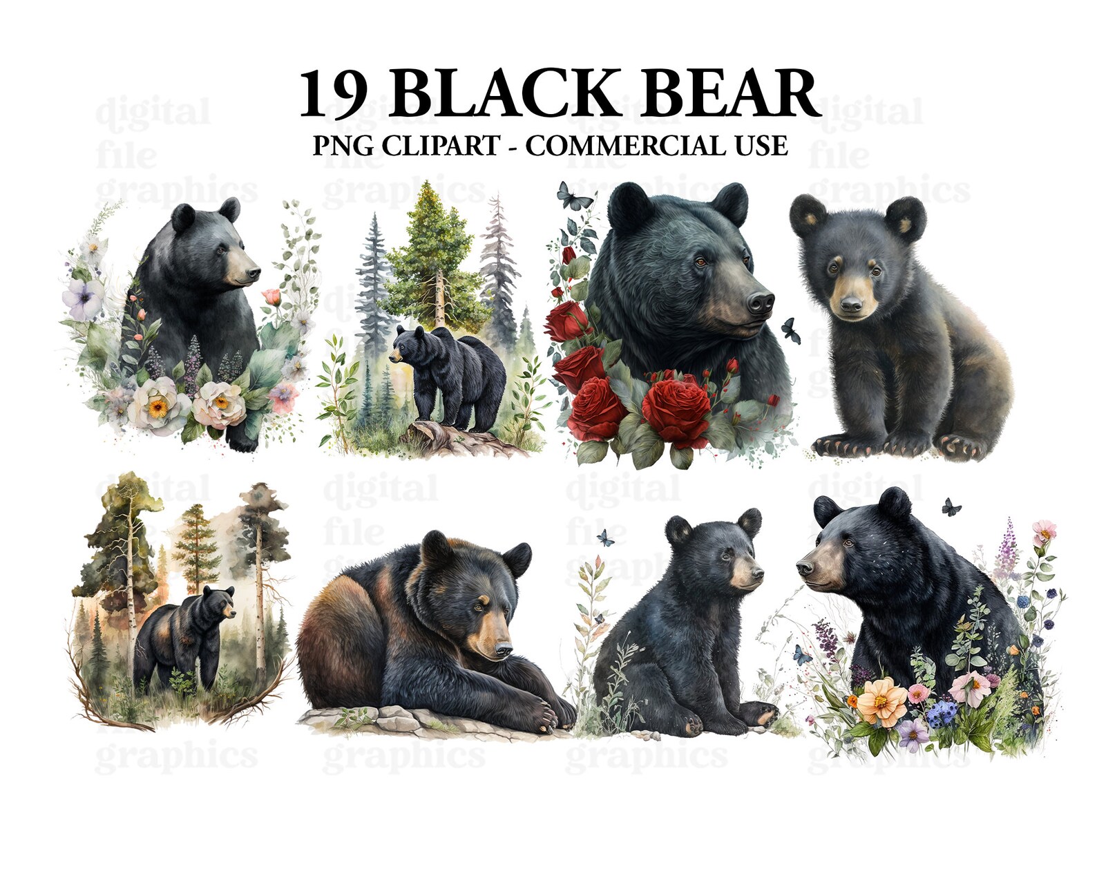 Watercolor Black Bears Clipart, Cute Floral Black Bears, Forest Animals ...