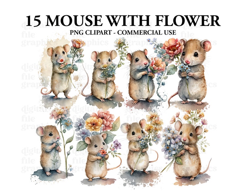 Mouse Holding Flowers Clipart Bundle Mouse Illustration - Etsy