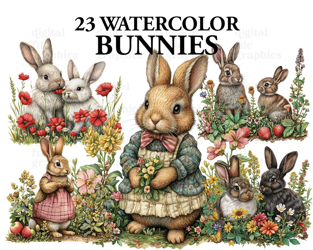 Bunny Flowers Clipart Bundle, Rabbit Illustration Bundle, Cute Bunnies ...