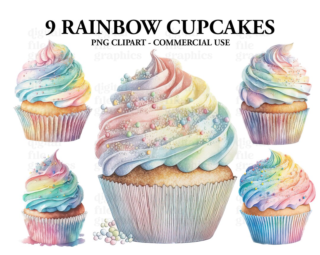 Rainbow Cupcake Watercolor Clipart, Rainbow Cake, Image Clipart Set ...