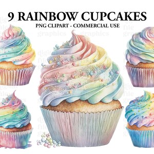 Rainbow Cupcake Watercolor Clipart, Rainbow Cake, Image Clipart Set ...