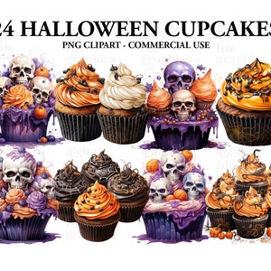 Halloween Cupcake Pumpkin Watercolor Clipart, Skull Pumpkin Cupcake ...
