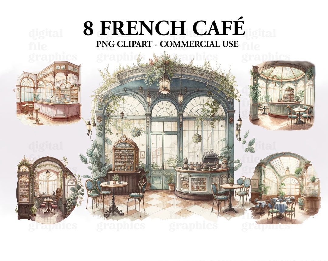 French Café Watercolor Clipart, Café Interior Clipart, Vintage Interior ...