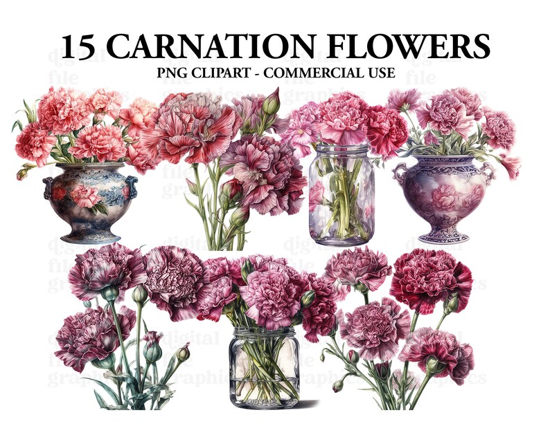 Carnation Flowers Watercolor Clipart Floral Png Clipart - Etsy