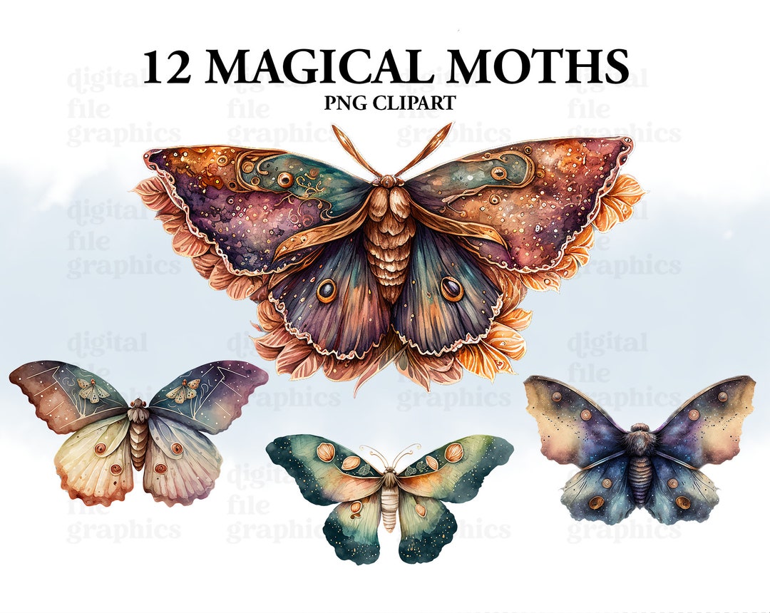 Magical Moths Watercolor Clipart, Moths Fantasy Style, Magical Clipart ...