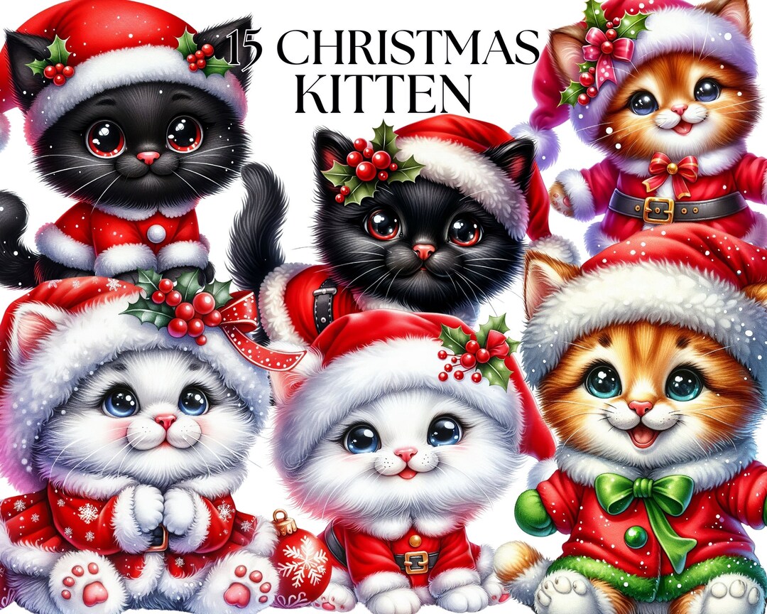 Christmas Kitten Watercolor Clipart, Cute Kitten Cat Winter Clipart PNG ...