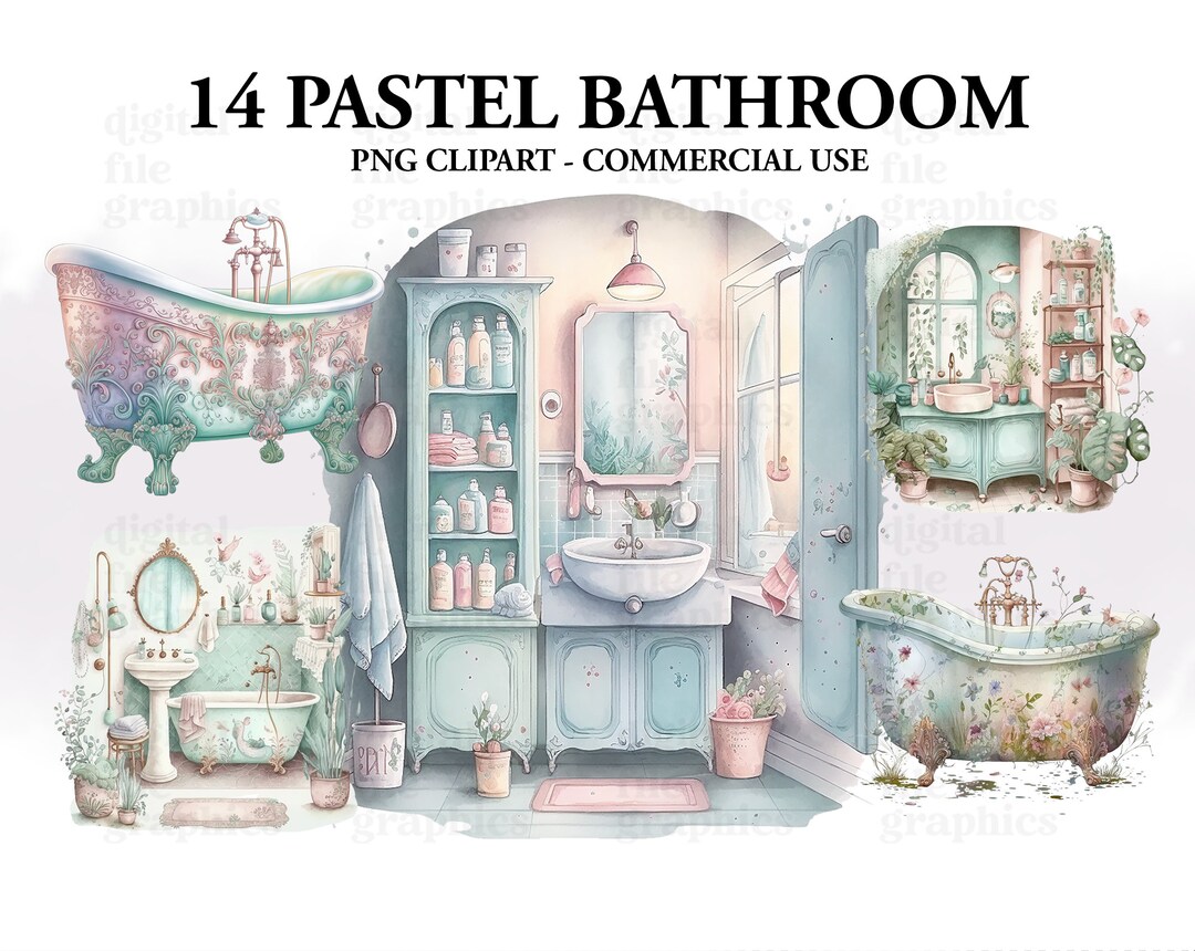 Cozy Pastel Bathroom Watercolor Clipart, Bathroom Interior, Favourite ...