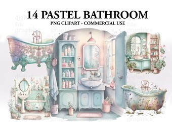 Cozy Pastel Bathroom Watercolor Clipart, Bathroom Interior, Favourite ...