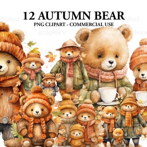 Autumn Cute Bear Watercolor Clipart, Fall Animal Clipart PNG, Kids ...