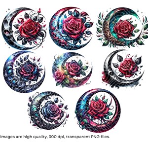 Gothic Crescent Moon Watercolor Clipart, Rose Clipart, Moon Bundle ...