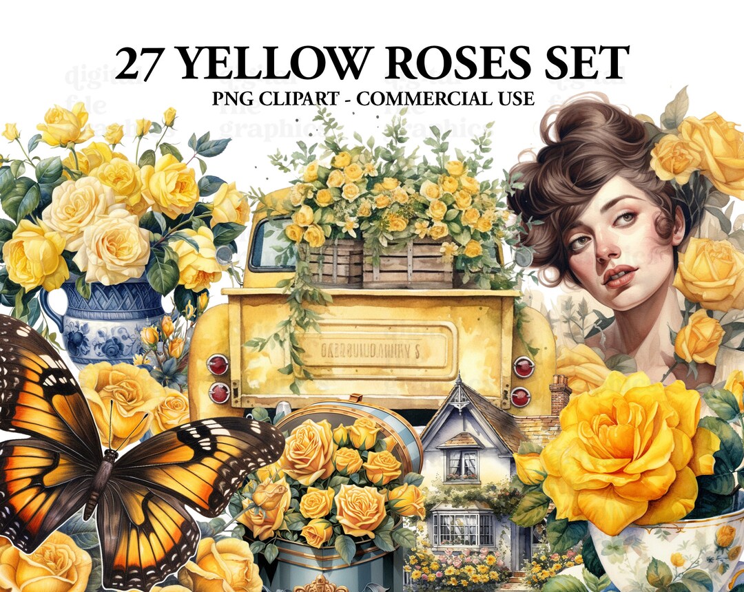 Yellow Roses Flower Watercolor Clipart, Roses Clipart, Watercolor ...