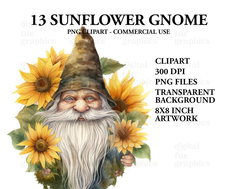Spring Gnome Clipart Sunflower Gnome Watercolor Instant - Etsy