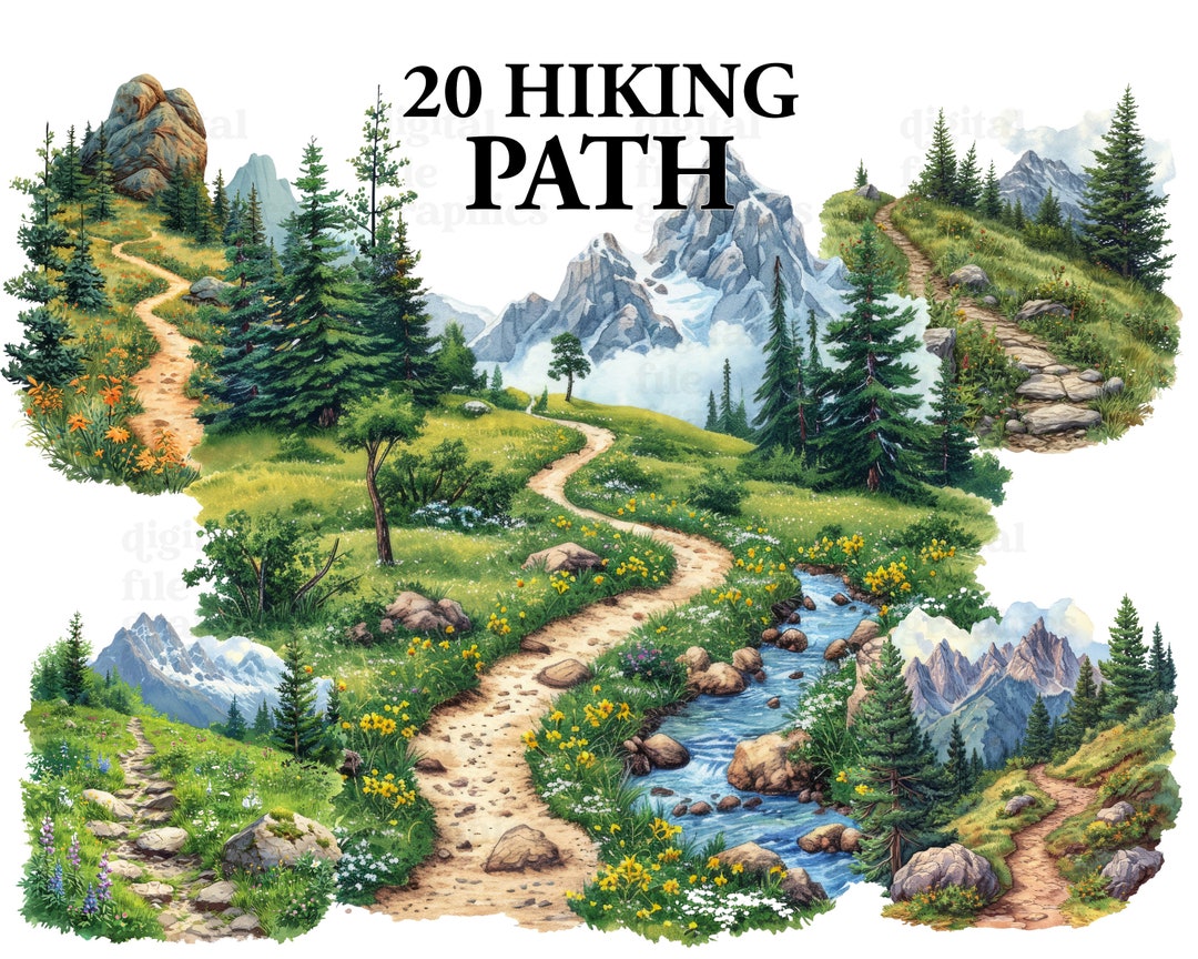 Watercolour Mountain Hiking Landscape, Hiking Path Clipart, Mountain ...