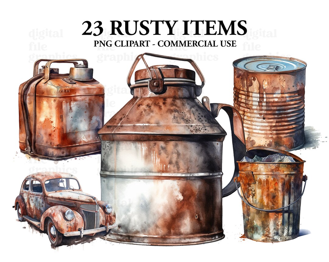 Vintage Rusty Items Watercolor Clipart Cans Buckets Bundle - Etsy