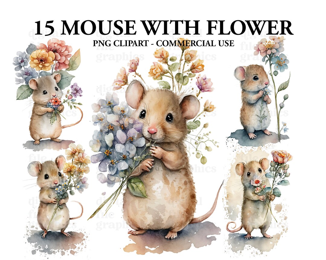 Mouse Holding Flowers Clipart Bundle, Mouse Illustration Bundle, Cute ...