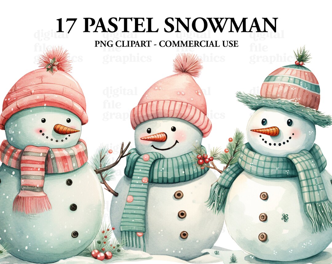 Pastel Color Snowman Christmas Pink Mint Watercolor Clipart, Christmas ...