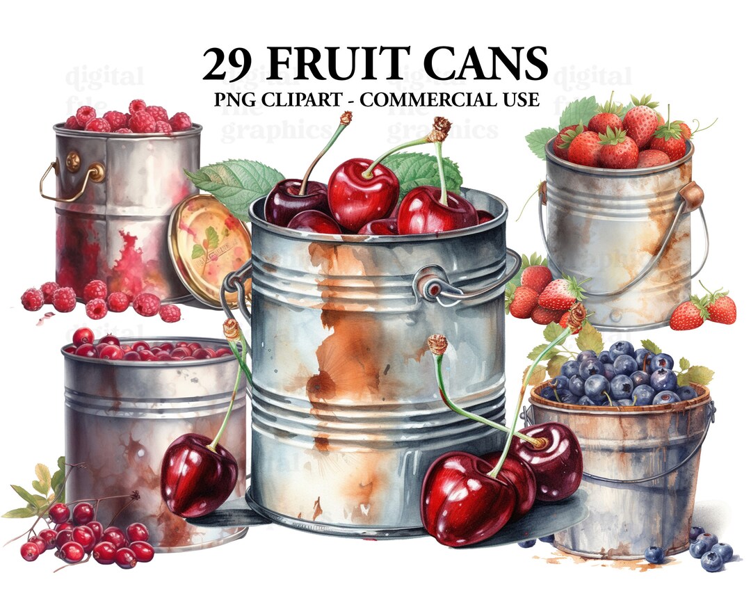 Vintage Fruit Cans Watercolor Clipart, Cans Buckets Bundle PNG, Pot ...