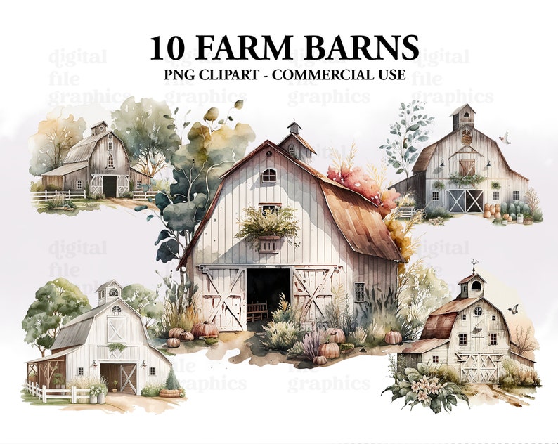 Farm Barn Watercolor Clipart Farmhouse Clipart Barn Bundle - Etsy