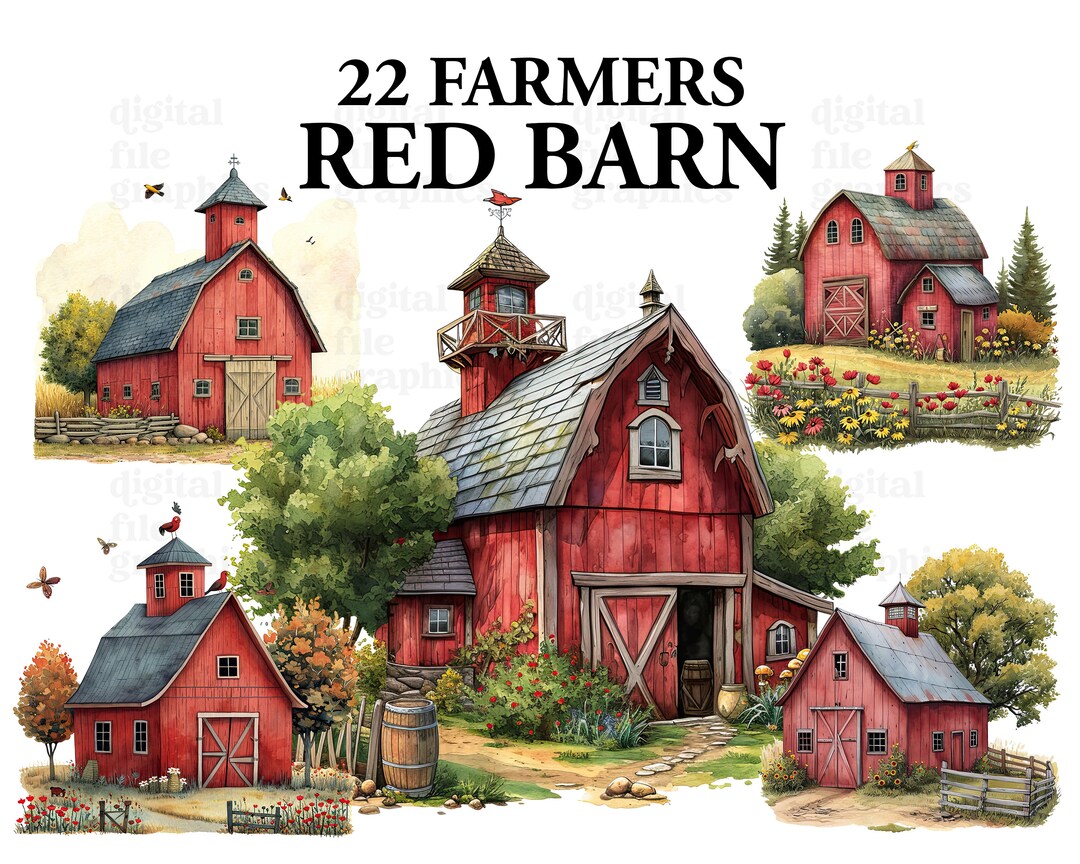 Red Farm Barn Watercolor Clipart, Farmhouse Clipart, Barn Bundle PNG ...