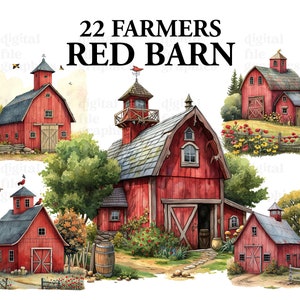 Red Farm Barn Watercolor Clipart, Farmhouse Clipart, Barn Bundle PNG ...