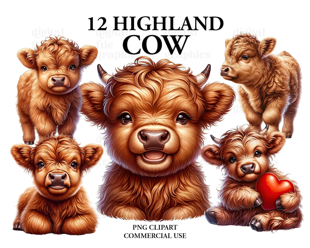 Cute Highland Cow Watercolor Clipart, Highland Cow PNG, Cow Clipart ...