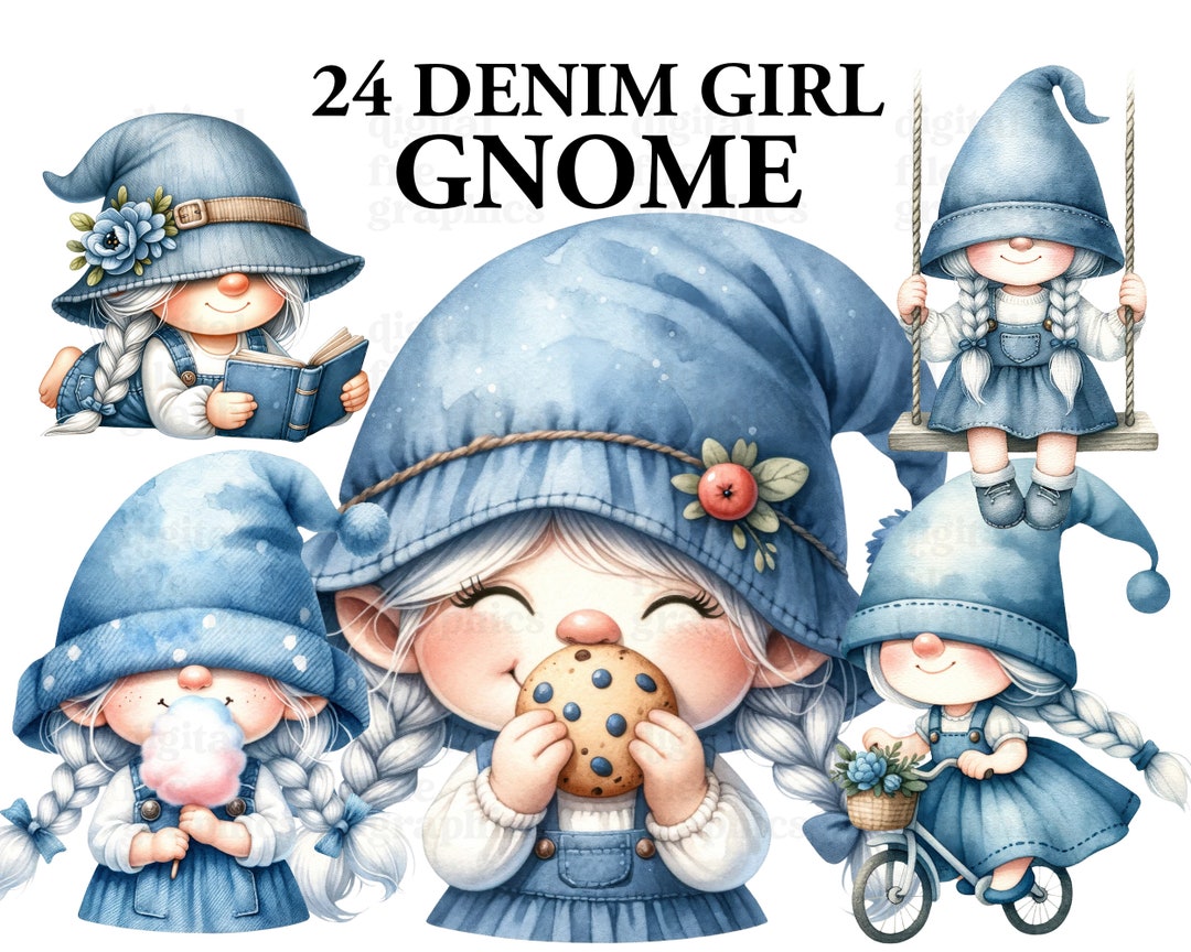 Denim Girl Gnome Watercolor Clipart, Cute Girl Gnome Clipart PNG, Gnome ...