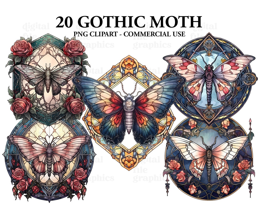 Gothic Moths Watercolor Clipart Png, Mystical Moths Clipart Bundle ...