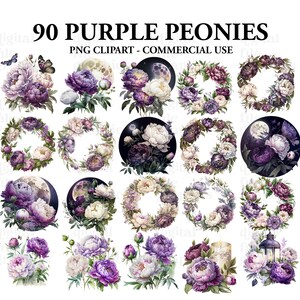 BIG BUNDLE Purple Peonies Watercolor Clipart, Floral Clipart, Summer ...