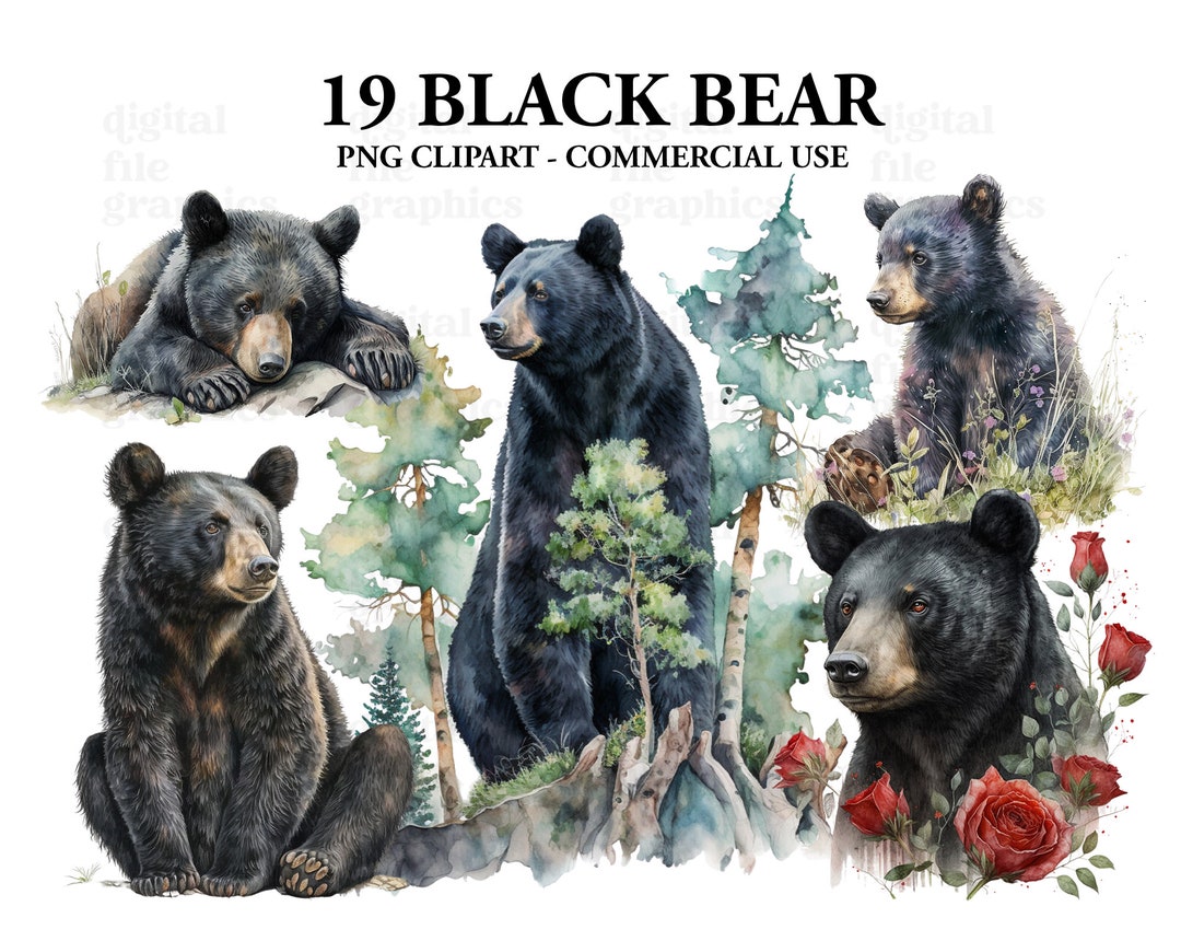 Watercolor Black Bears Clipart, Cute Floral Black Bears, Forest Animals ...