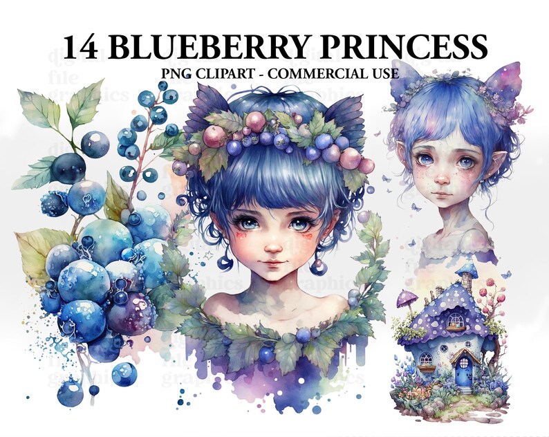 Blueberry Princess Watercolor Clipart Princess Clipart PNG - Etsy