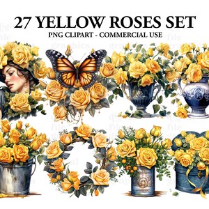 Yellow Roses Flower Watercolor Clipart, Roses Clipart, Watercolor ...