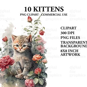 Cute Kitten With Flowers Watercolor Clipart, Cute Cat Art, Instant ...