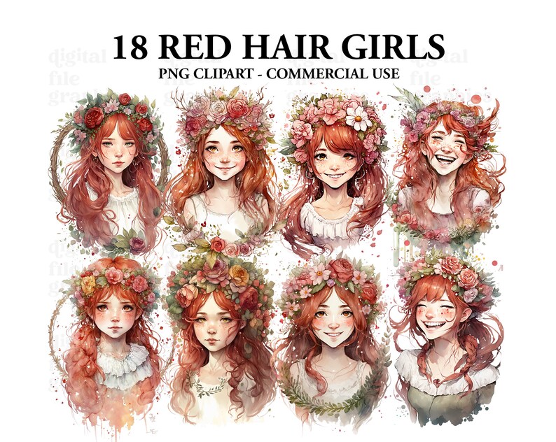 Red Hair Girls Watercolor Clipart Princess Clipart PNG - Etsy