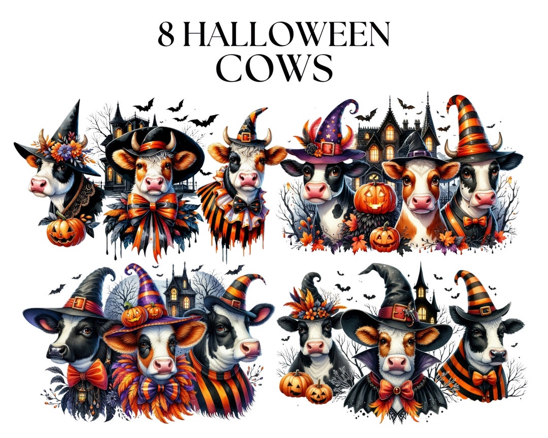 Halloween Spooky Cows Watercolor Clipart, Cow Pumpkins Clipart PNG ...