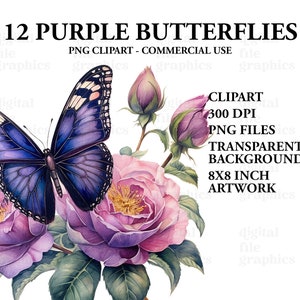 Purple Butterfly and Flower Watercolor Clipart Png, Butterfly Clipart ...