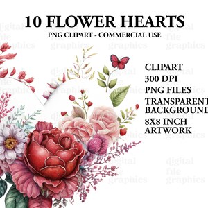 Heart Flower Valentines Day Watercolor Clipart Bundle PNG, Floral Heart ...