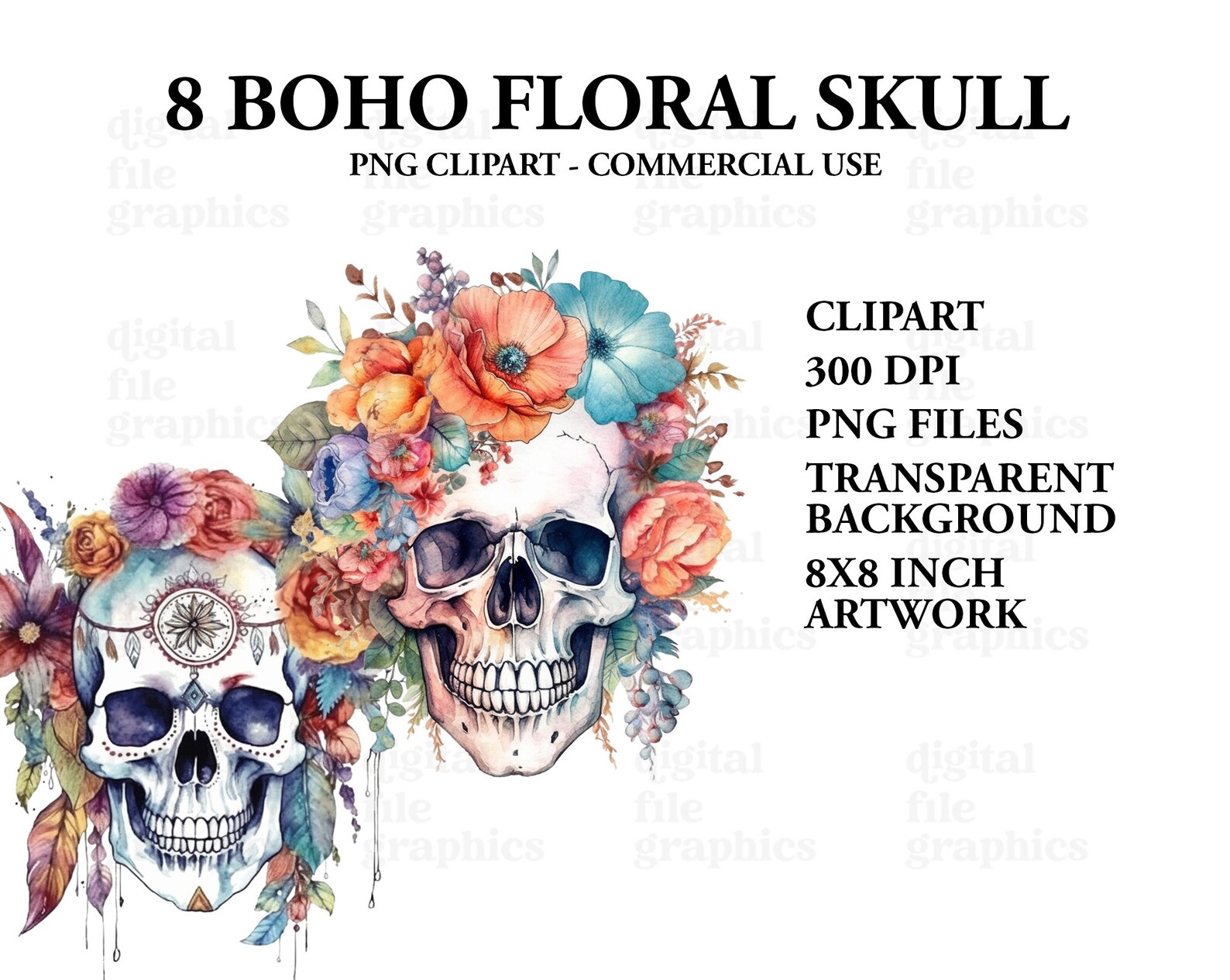 Boho Skull Watercolor Clipart Gothic Clipart Skull Floral - Etsy