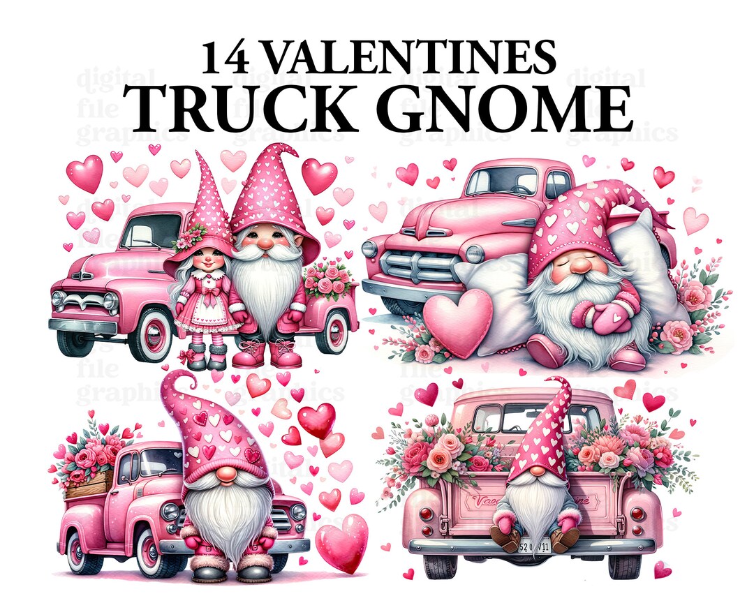 Valentines Day Truck Gnome Watercolor Clipart, Heart Gnome Clipart PNG ...